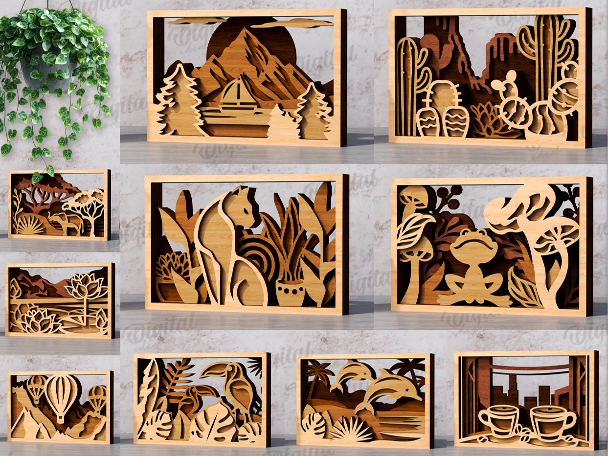3D Layered home decors bundle laser cut. Wooden multi-layered shadow ...