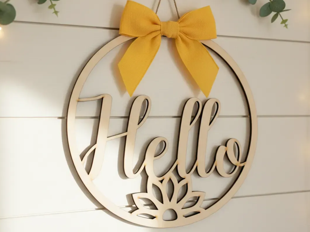 Wooden Hello Door Sign with Bow - Laser Cut | Free Files - Atomm