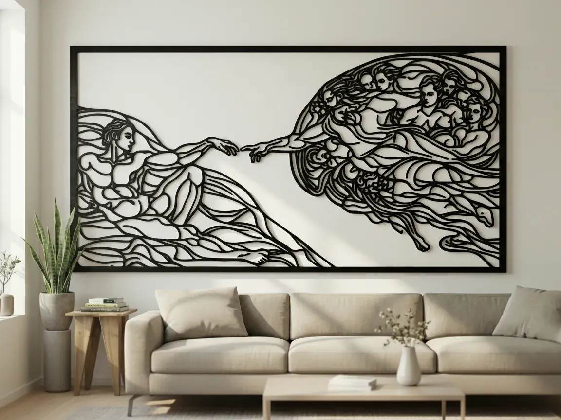 Laser Cut Wall Art The Creation of Adam in Black Frame Flow-Line Art ...
