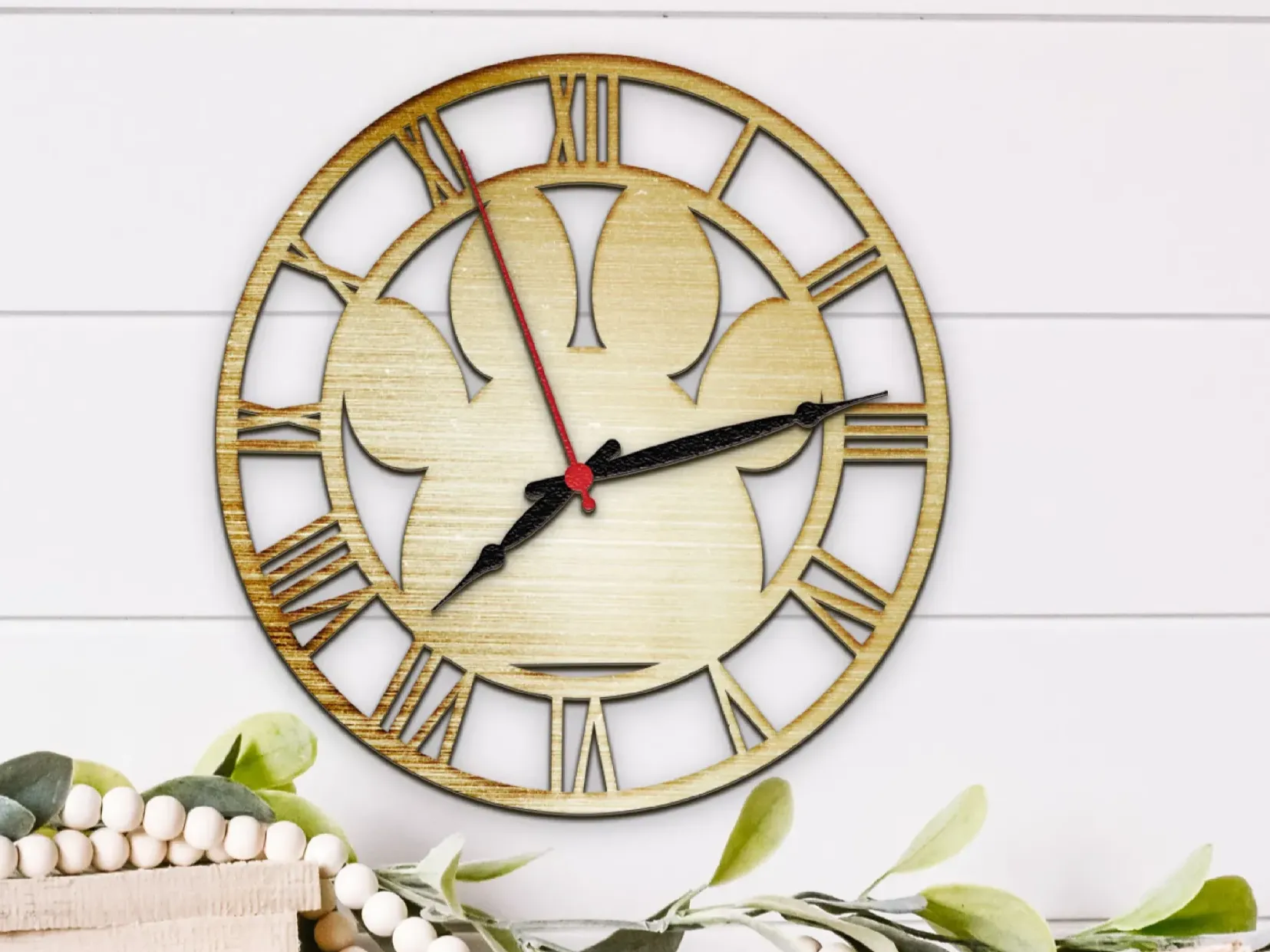 Laser Cut Wooden Wall Clock with Roman Numerals and Mickey Silhouette ...