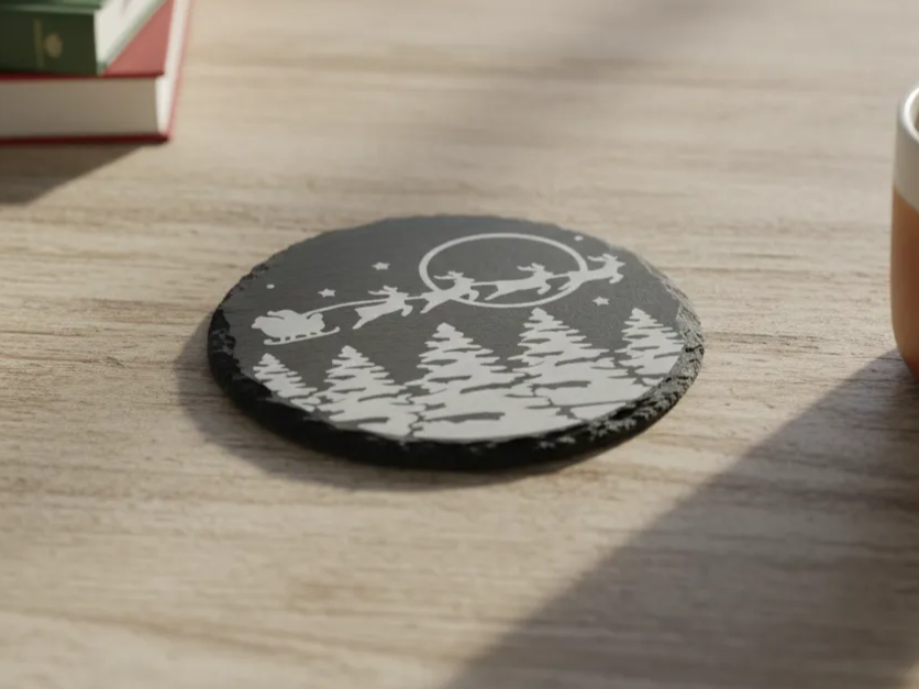 Round Slate Coaster Featuring Santa Claus and Reindeer Flying Over Pine ...