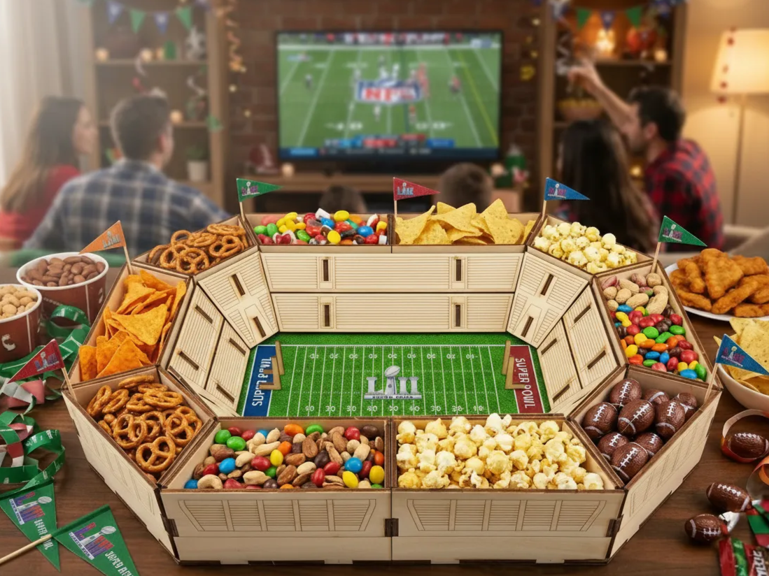 Laser Cut Wooden BIG Game Snack Stadium Storage Box | Free Files - Atomm