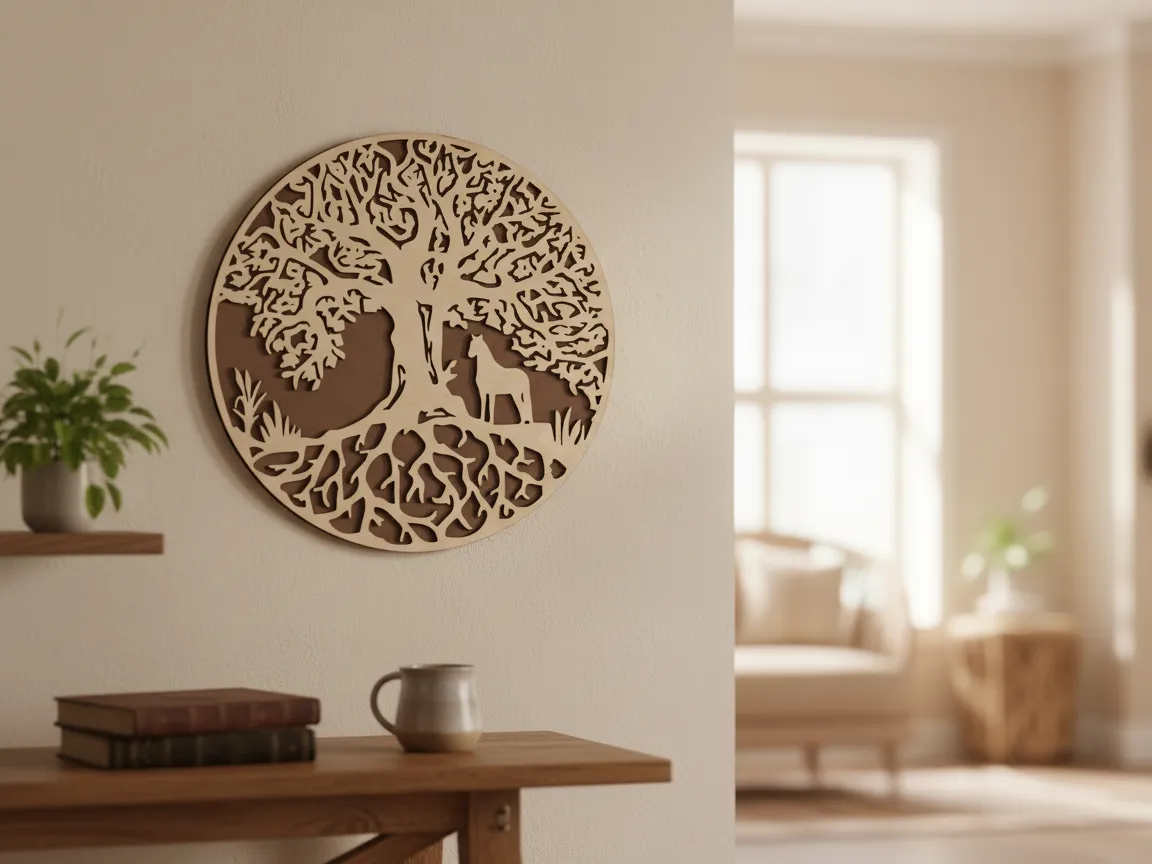 Décoration murale ronde représentant un arbre de vie avec un cheval ...