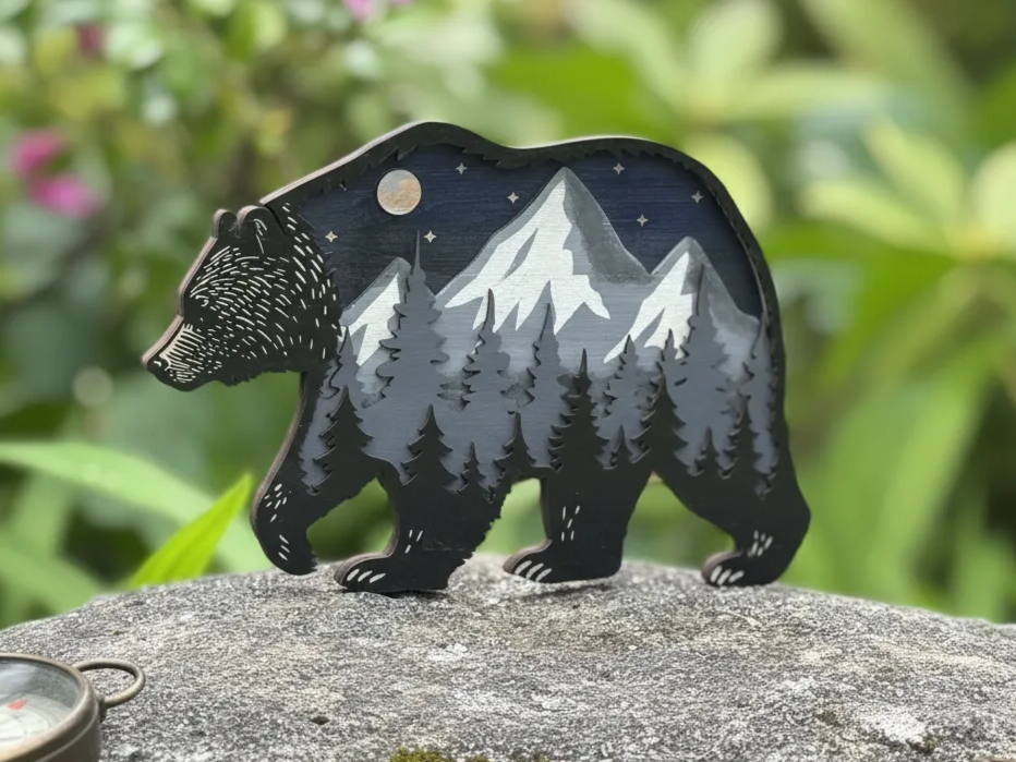 3D Laser Cut Multilayered Wooden Bear Wall Art with Mountain and Forest ...