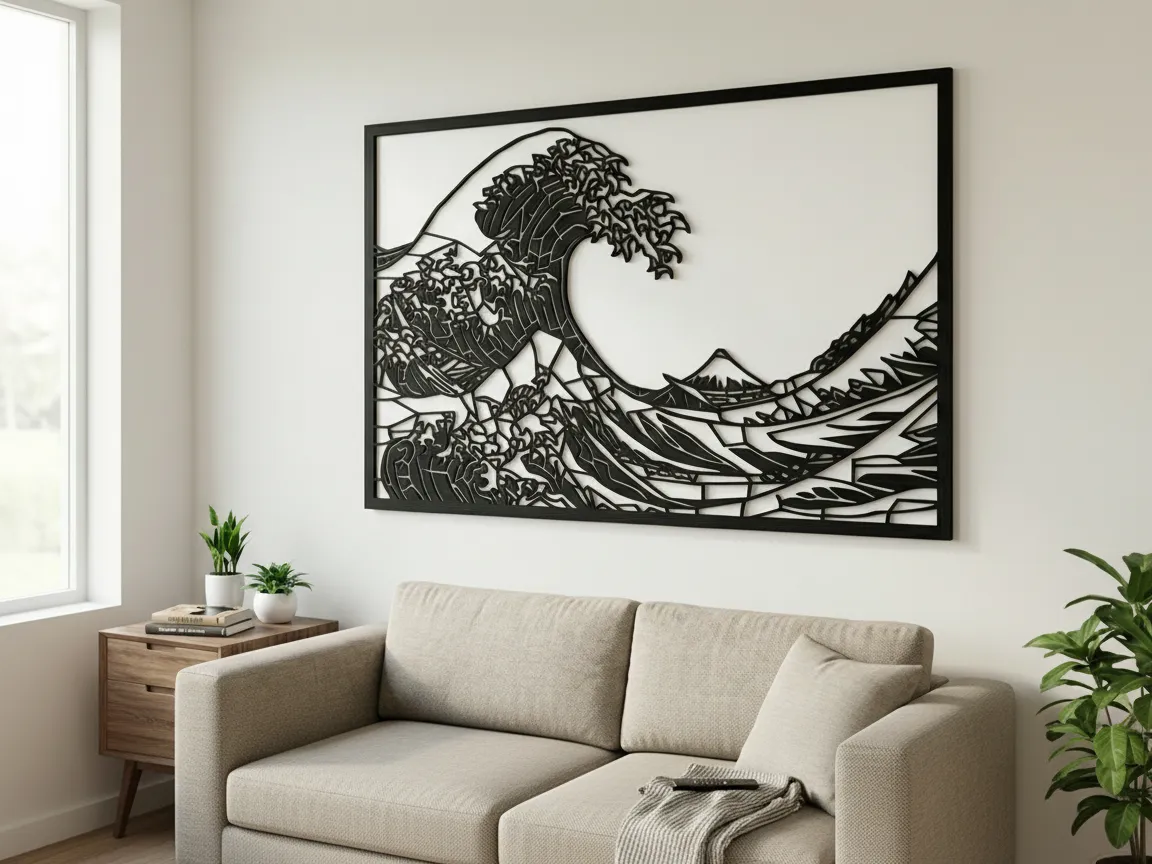 Laser Cut Wall Art The Great Wave off Kanagawa in Black Frame Poly-Line ...