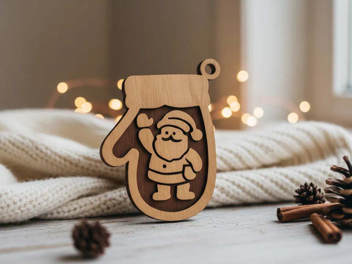 Laser Cut Wooden Christmas Mitten Ornament with Santa Design | Free ...