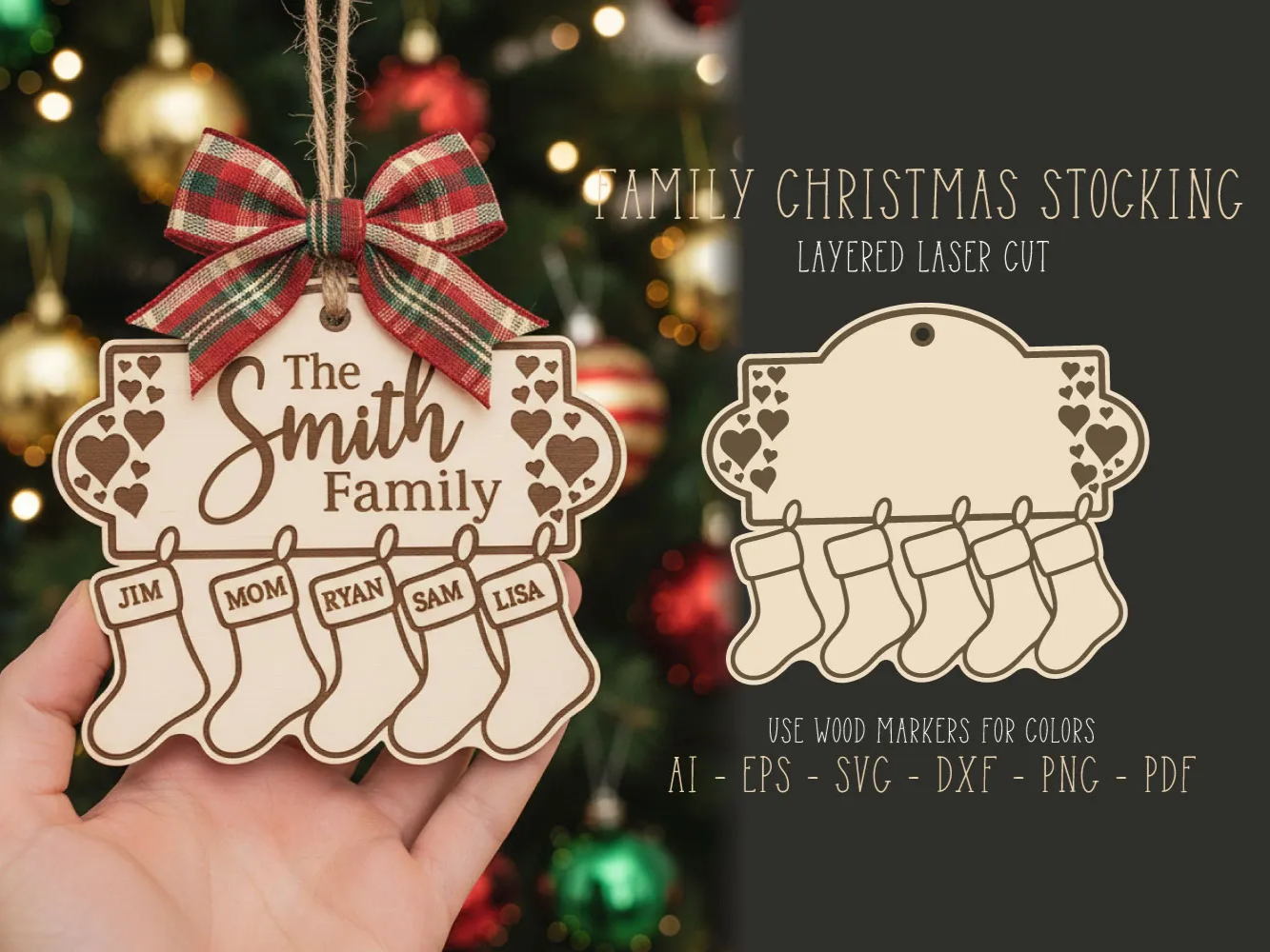 Layered Laser Cut Family Christmas Stocking Ornament with Custom Names ...