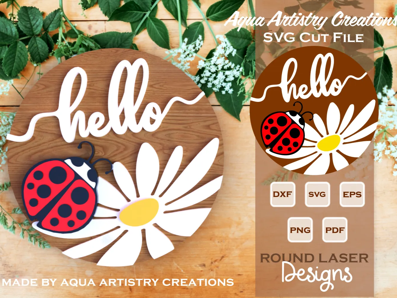 Laser cut and engrave | Round Laser Cut Wooden Hello Ladybug Flower ...