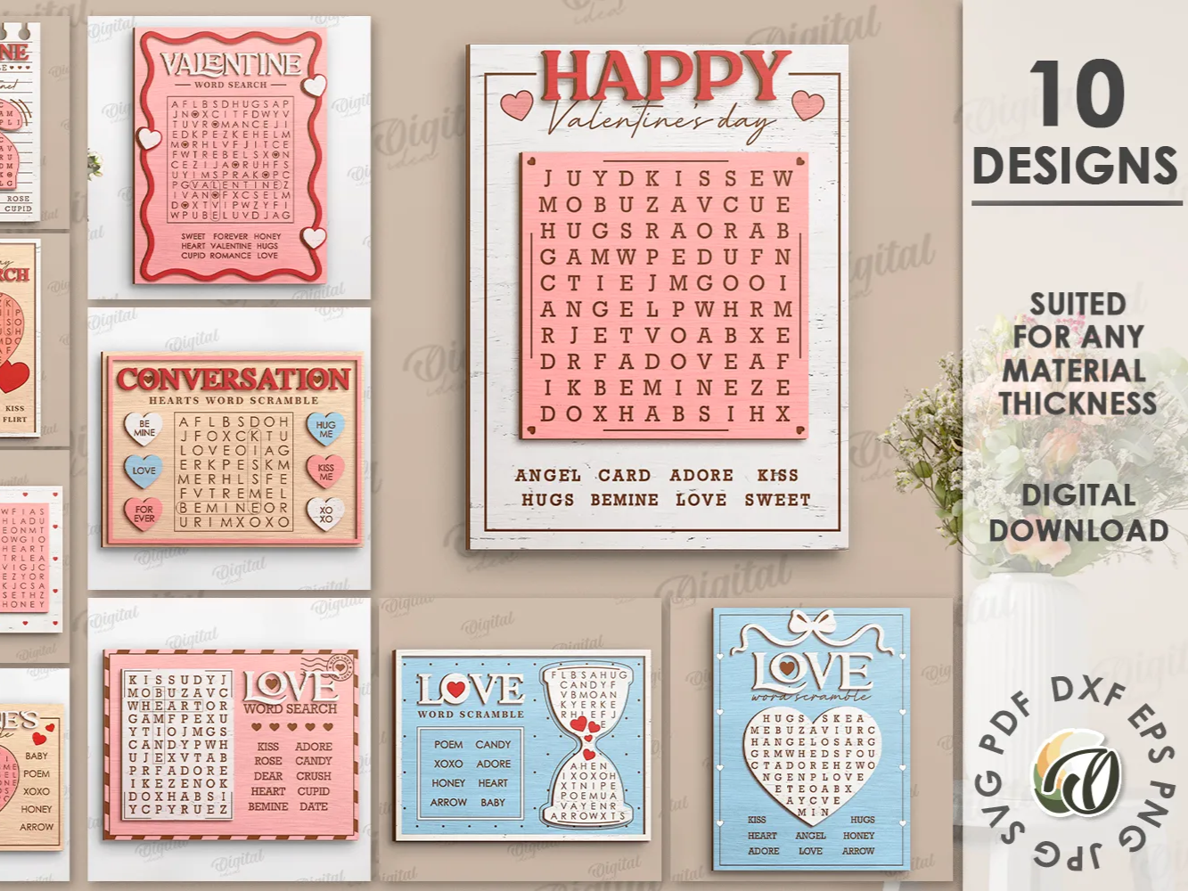 3D Valentine's day word search signs bundle. Vintage layered sign laser ...