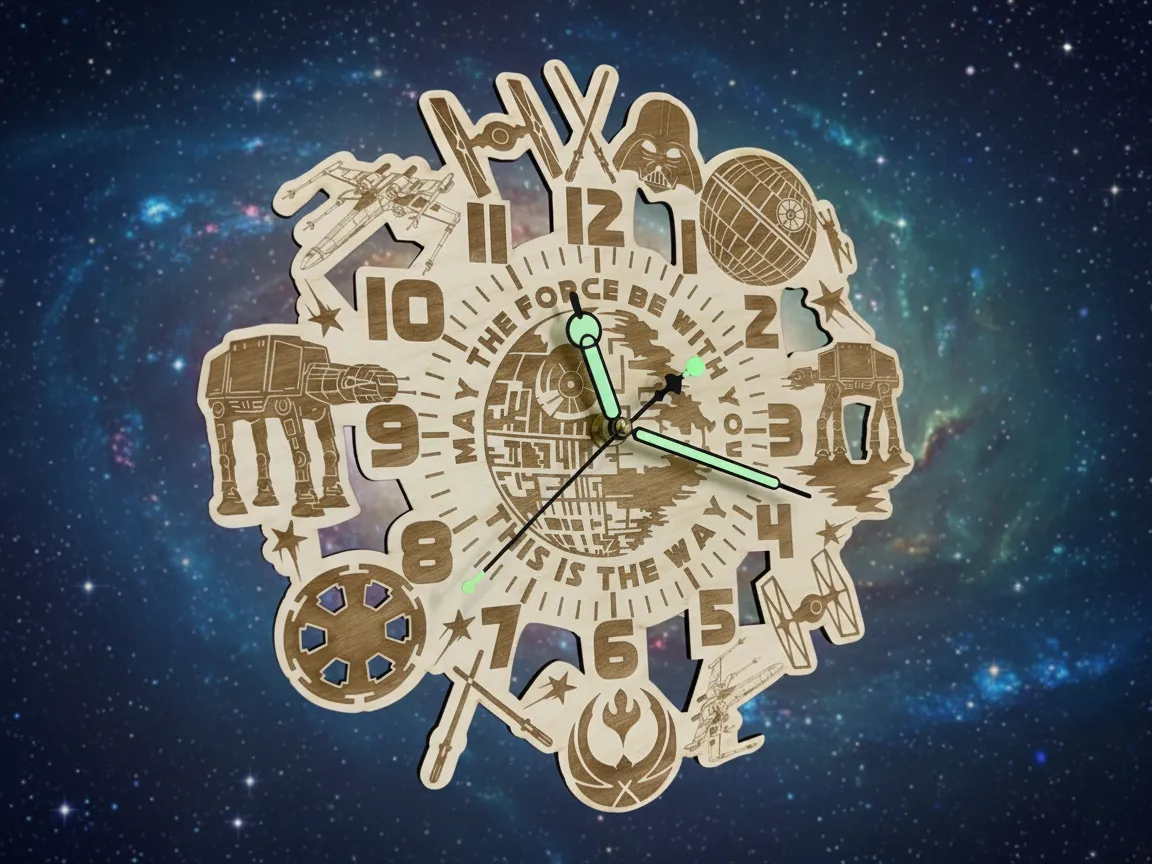 Laser Cut Wooden Star Wars Themed Wall Clock with Glow Hands / Star ...