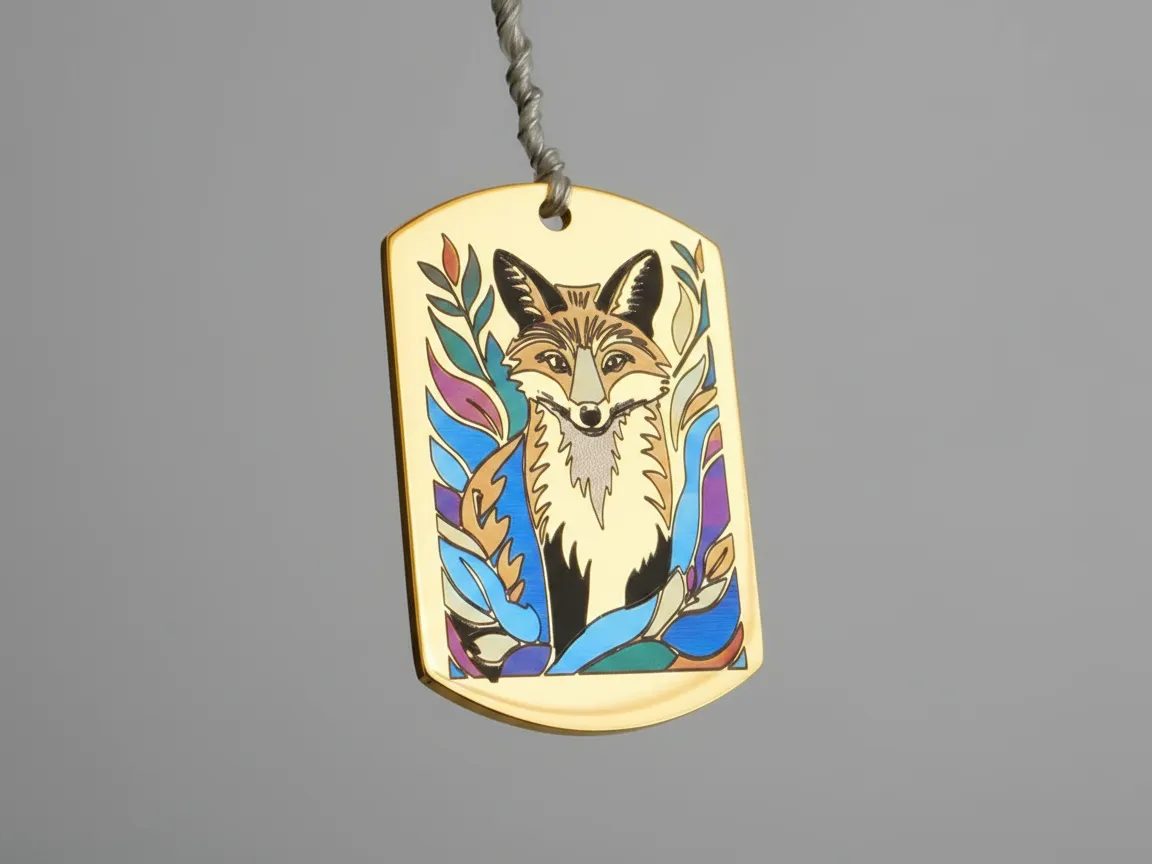 Pendentif en acier doré rectangulaire avec illustration de renard ...