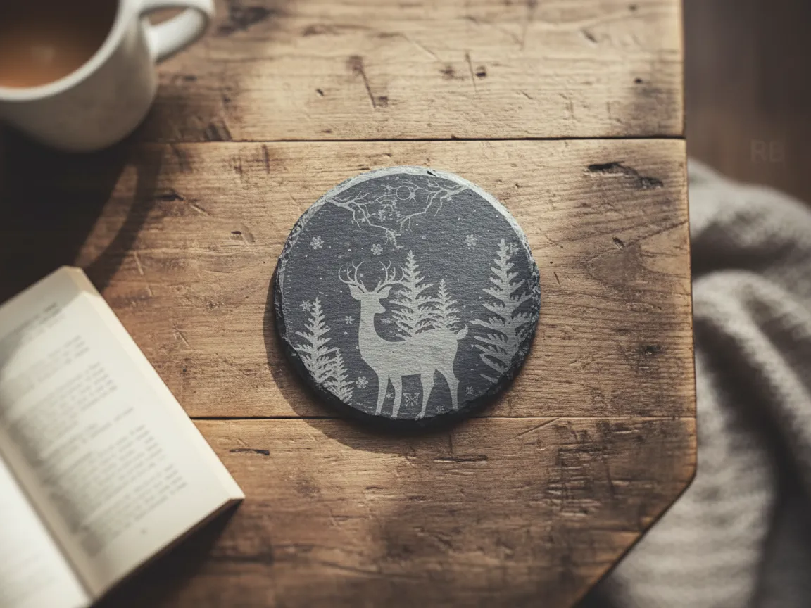 Laser Engraved Round Slate Coaster with Deer and Tree Design | Free ...