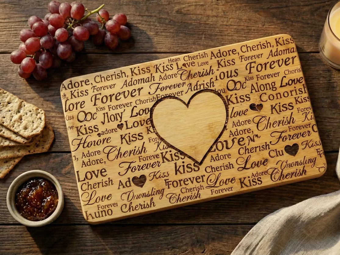 Laser Engraved Bamboo Cutting Board with Heart and Love Words | Free ...