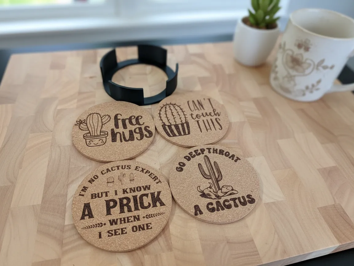 Laser Engraved Cork Coasters with Cactus Designs and Humorous Quotes ...