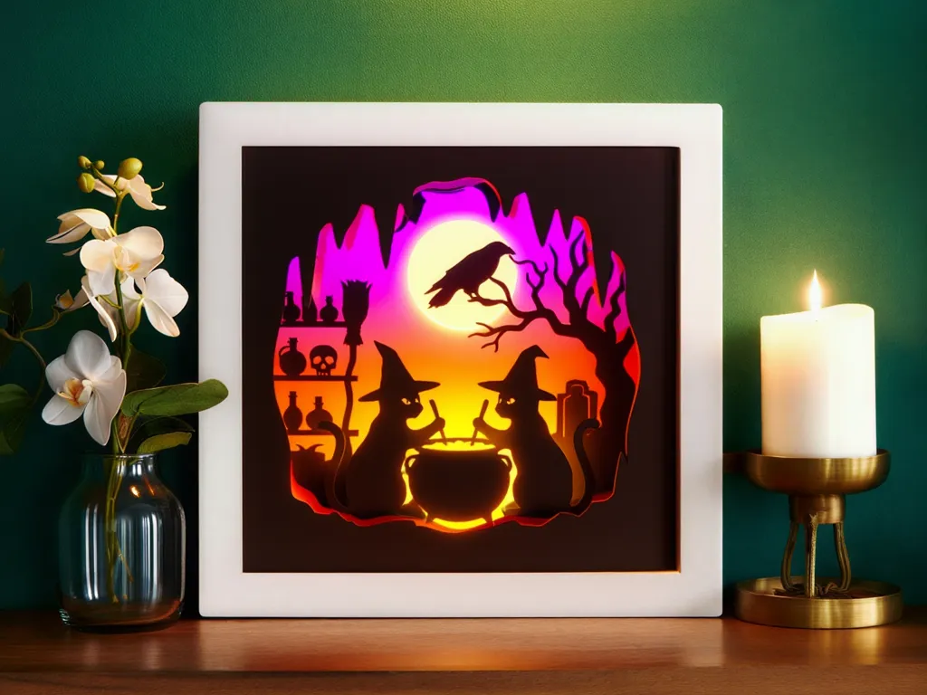 Halloween Witch Cats Shadow Box Laser Cut File, Lightbox Template ...