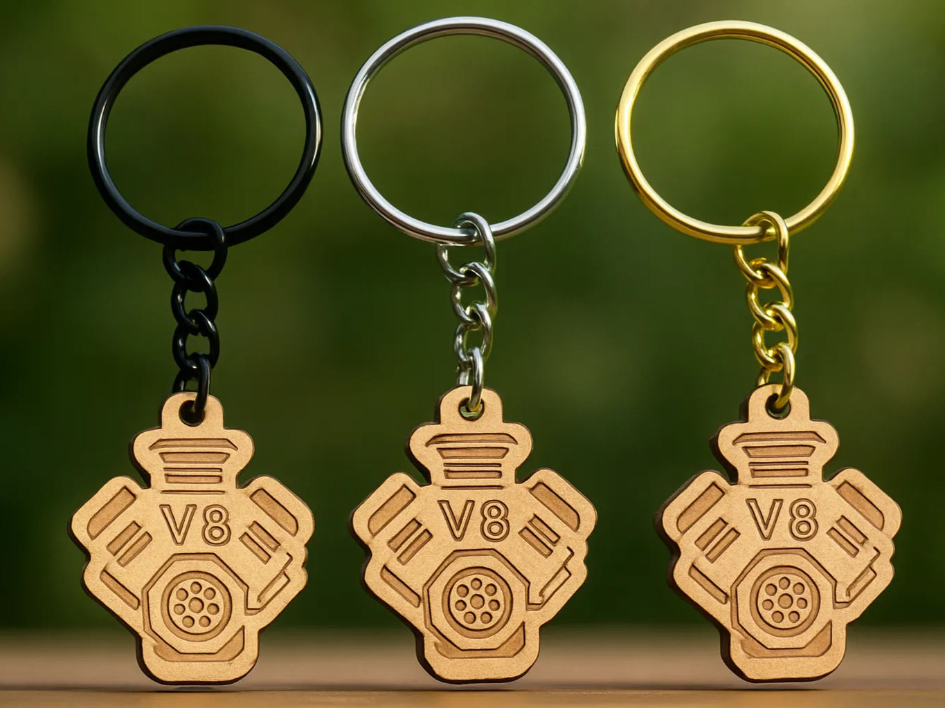 Laser Cut V8 Engine Wooden Keychain Set with Metal Rings | Free Files ...