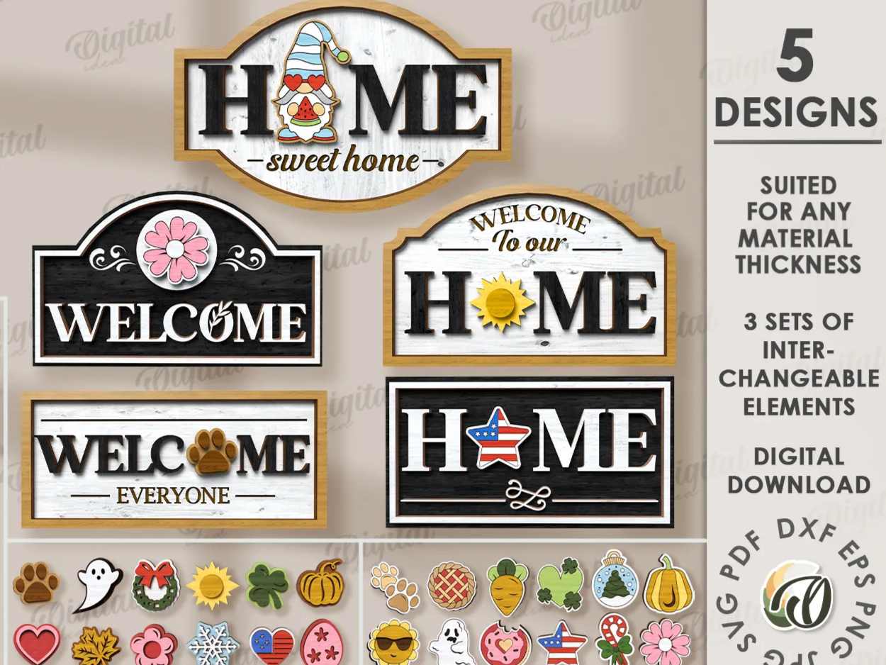 3D Interchangeable home signs bundle laser cut. Wooden rustic wall ...