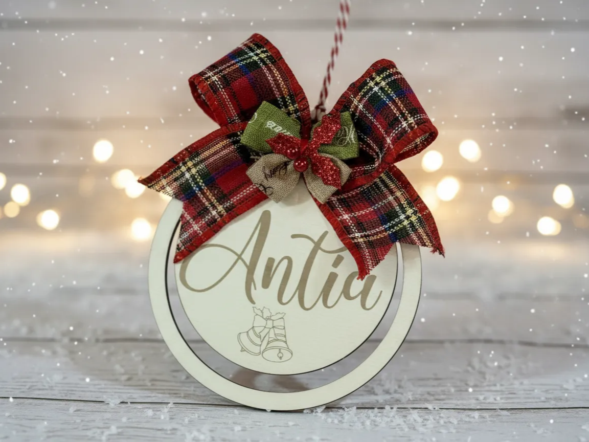 Laser Cut Personalized Christmas Ornament with Plaid Bow and Bells ...