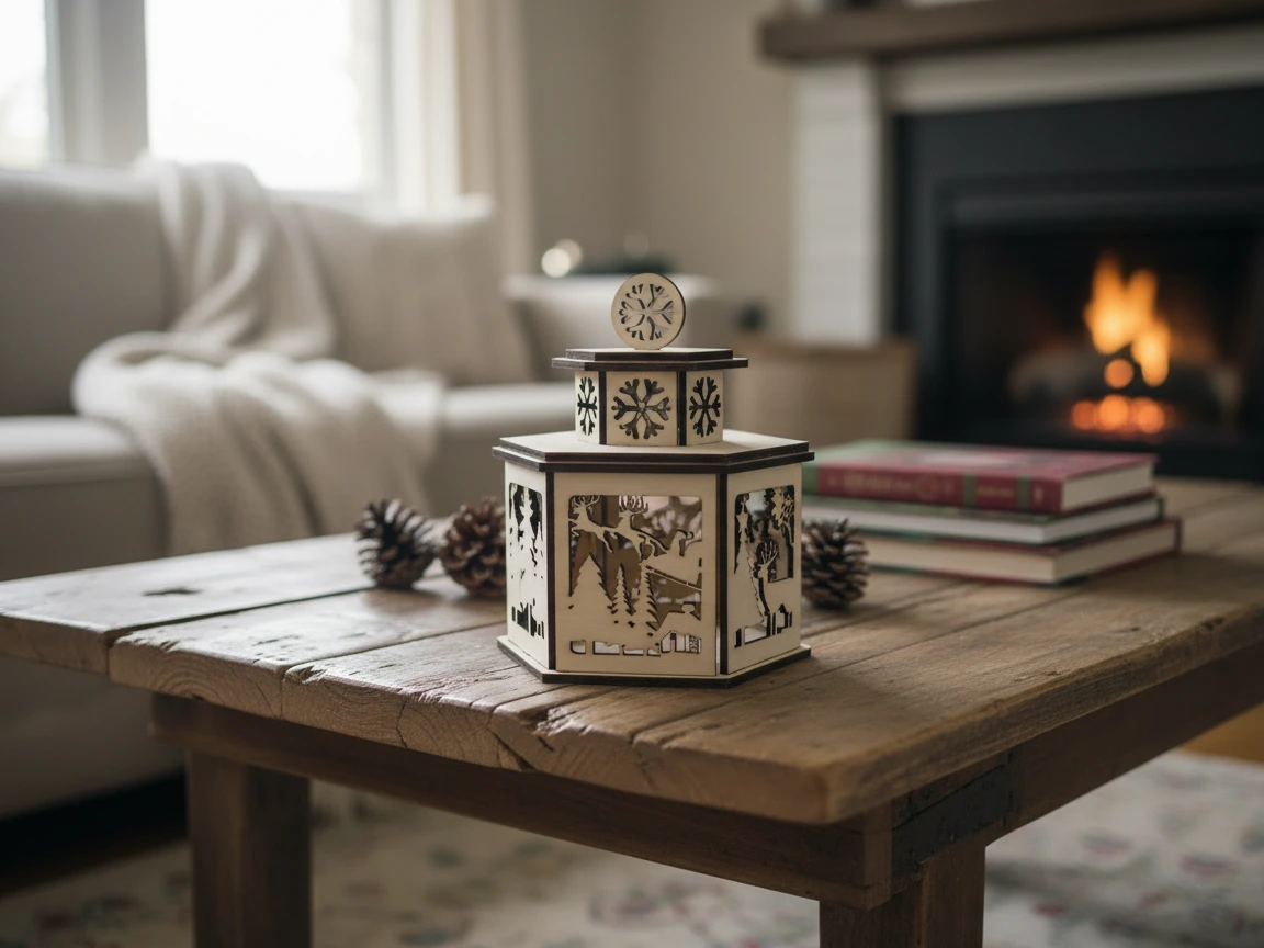 Laser Cut Wooden Winter Scene Lantern with Snowflake Design | Free ...