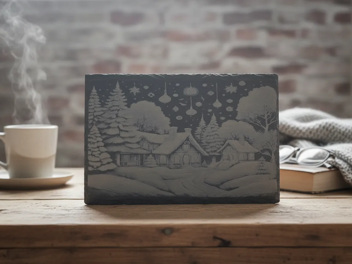 Laser Engraved Winter Cottage Scene on Slate Stone Decor | Free Files ...