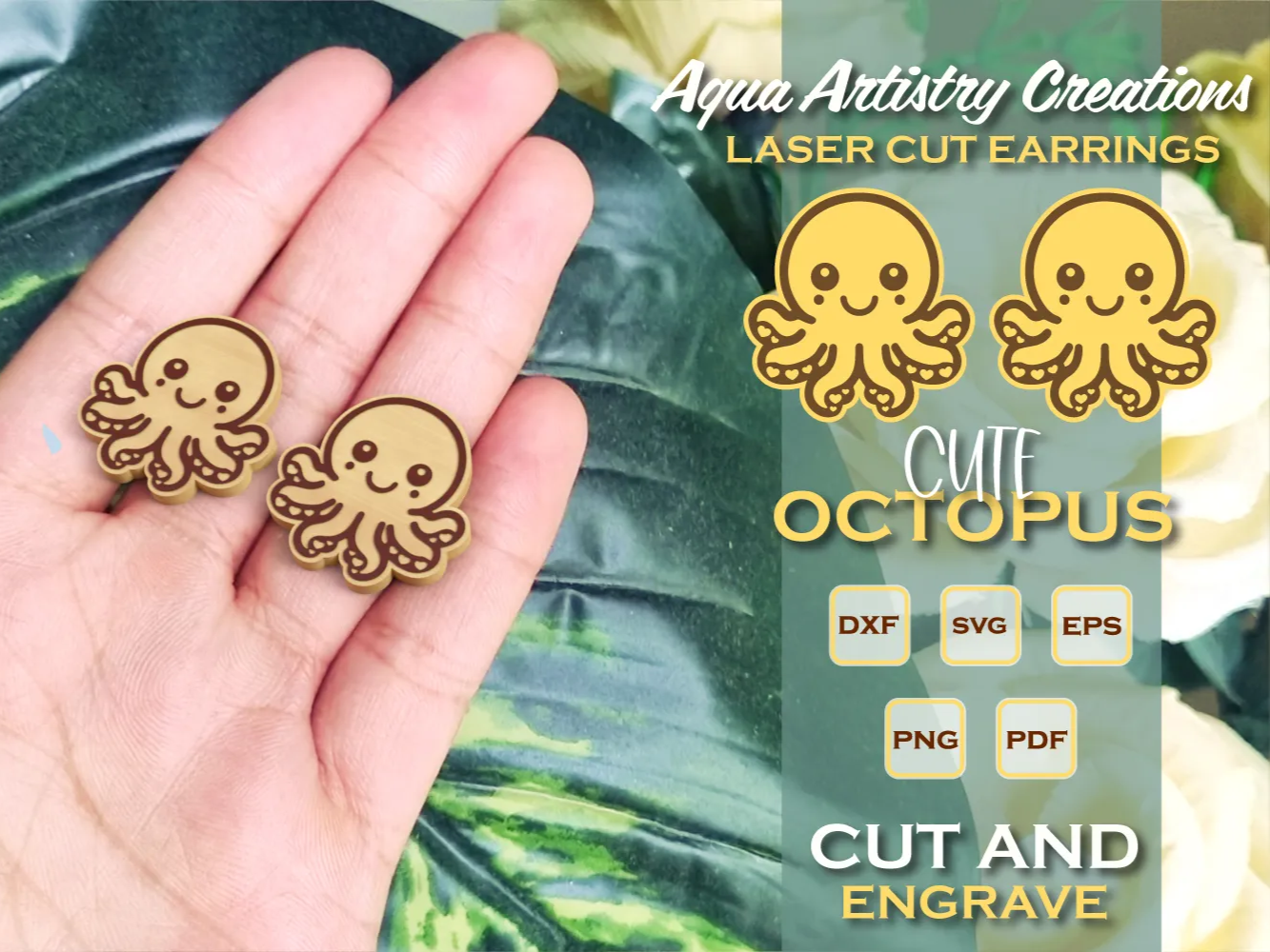 Laser Cut Cute Octopus Earrings Engraved Wood Jewelry | Ready to Use ...