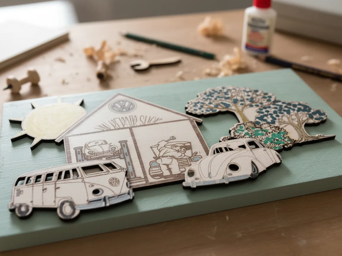 Volkswagen Repair Shop Scene Wooden Wall Art with Classic Bus and ...