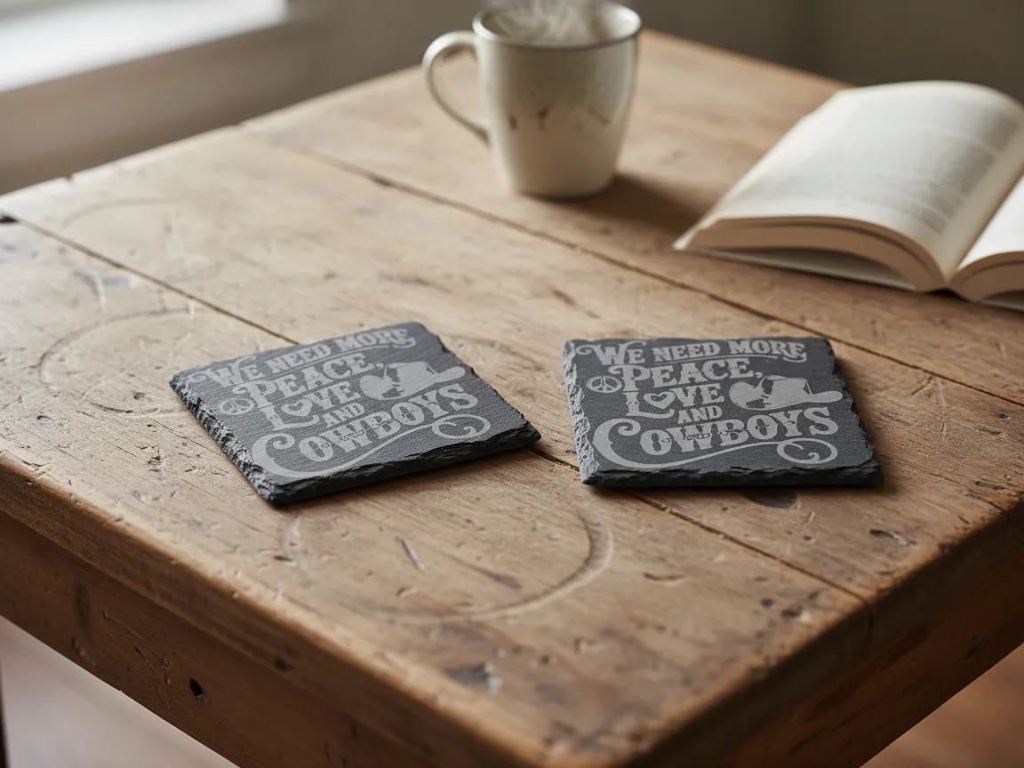 Laser Engraved Slate Coasters with Peace Love and Cowboys Design | Free ...